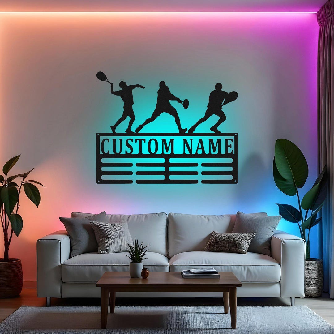 Custom Tennis Player Sign LED Metal Wall Art, Personalized Medal Holder ...