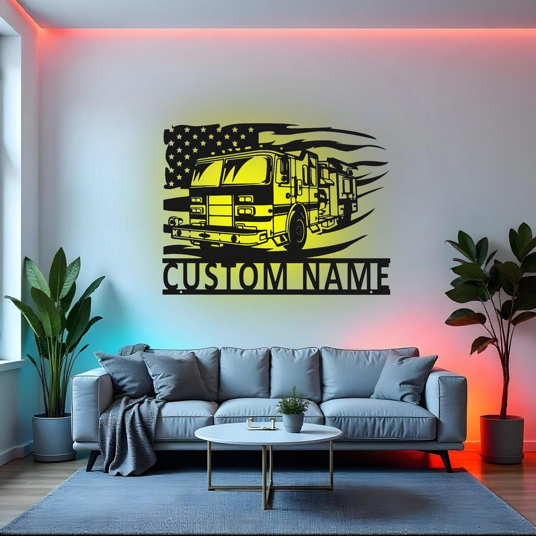 Custom Fire Truck LED Metal Wall Art, Personalized Firefighter Name ...