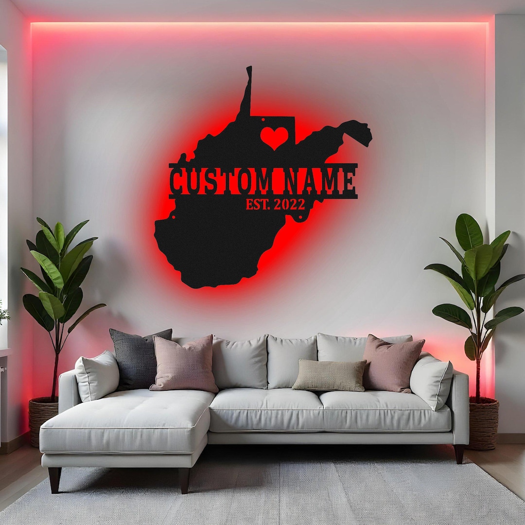 Custom West Virginia Sign LED Metal Wall Art, Personalized State Map ...
