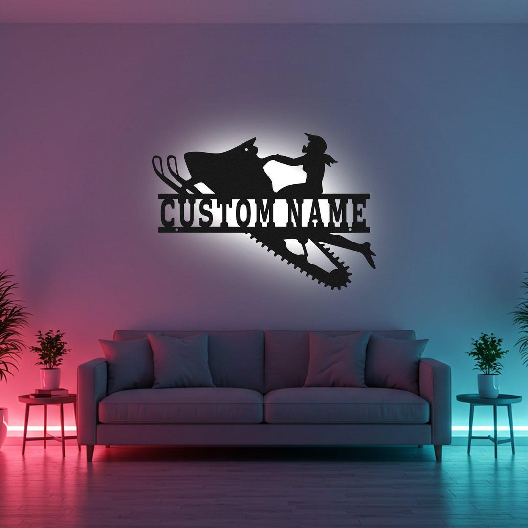 Custom Snowmobile Sign LED Metal Wall Art, Personalized Woman Rider ...