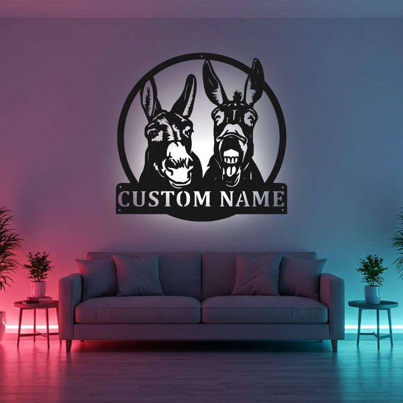 Custom Donkey Sign LED Metal Wall Art, Personalized Donkey Decor, Farm ...
