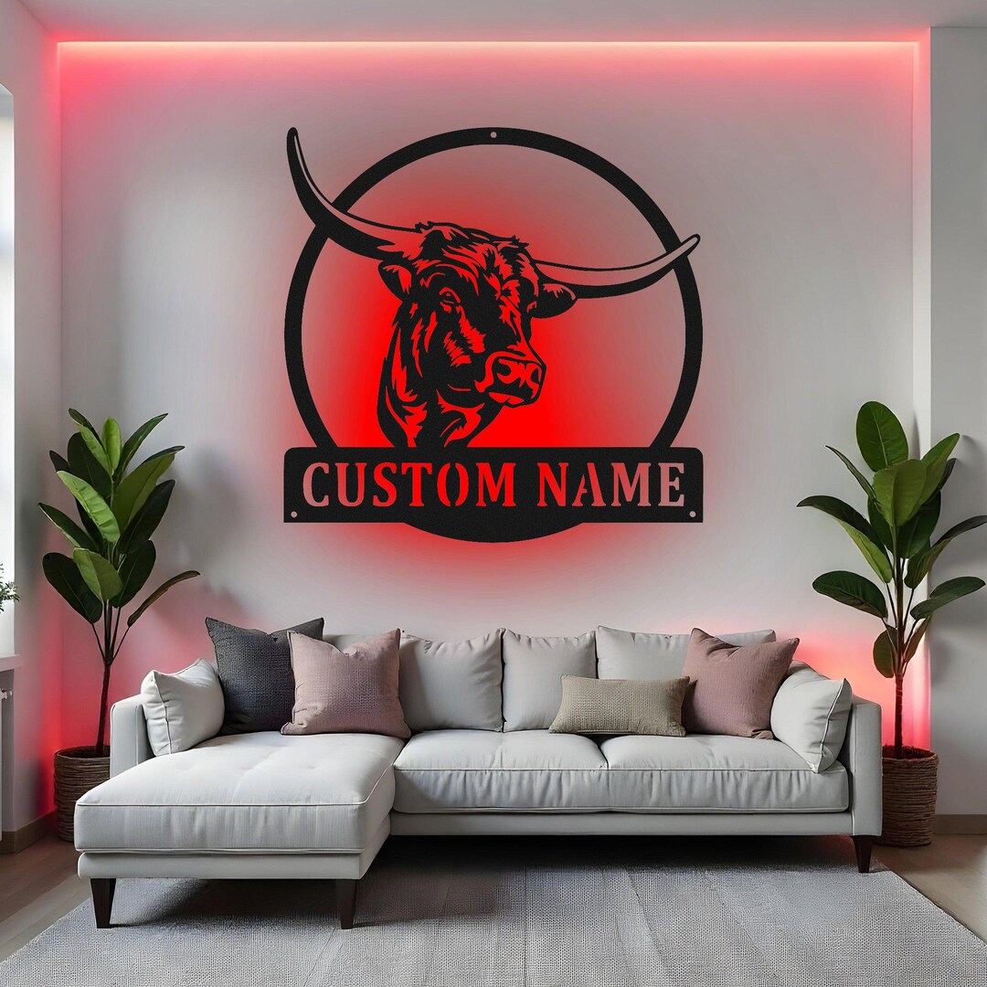 Custom Longhorn Sign LED Metal Wall Art, Personalized Cattle Ranch ...
