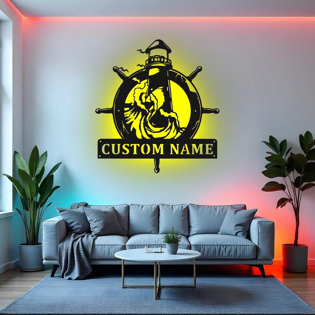 Custom Lighthouse Sign LED Metal Wall Art, Personalized Nautical Home ...