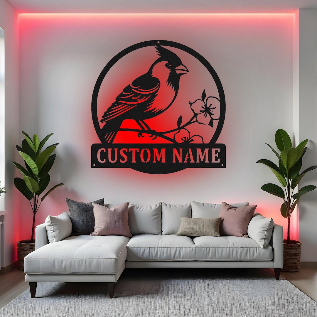 Custom Cardinal Bird Sign LED Metal Wall Art, Personalized Bird Decor ...