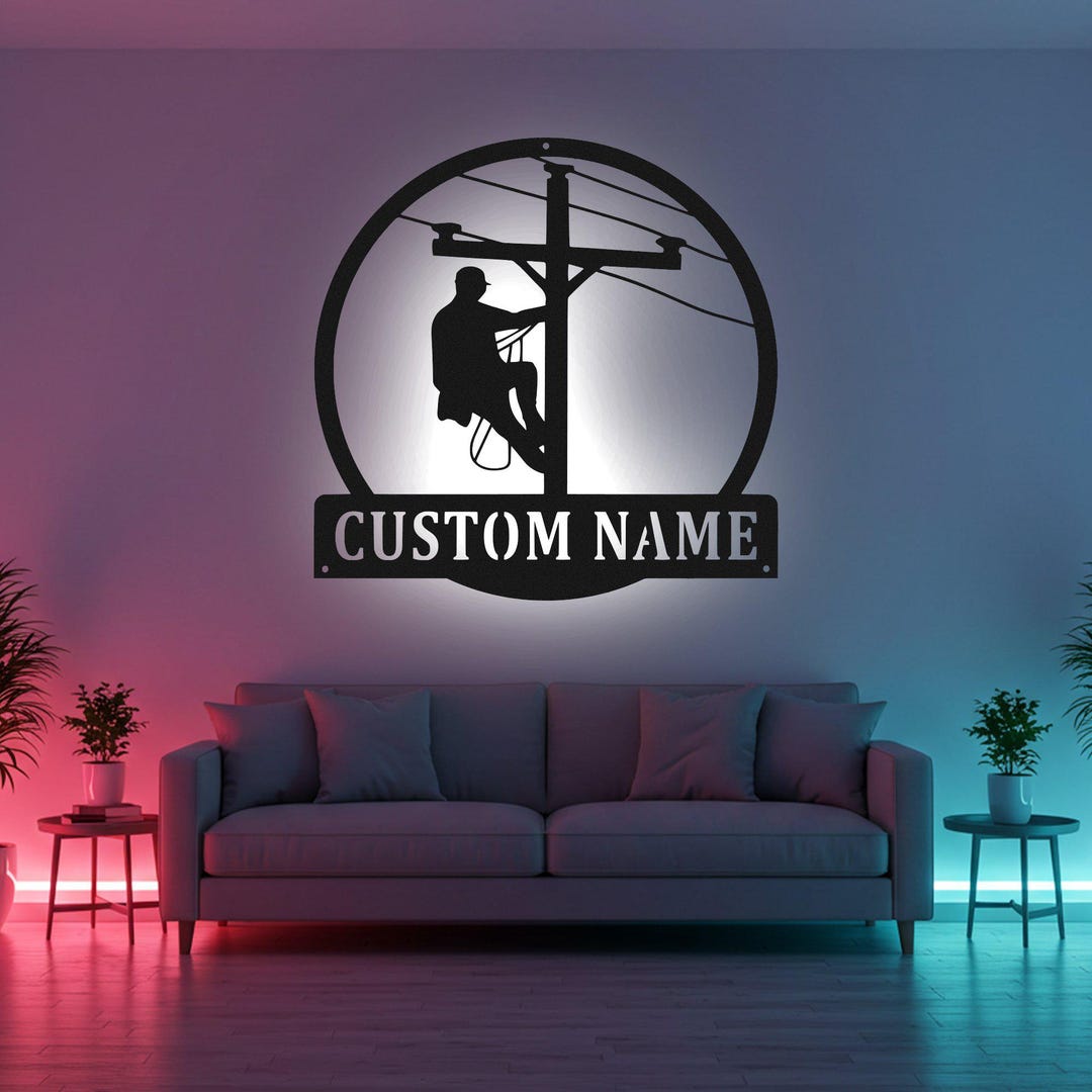 Custom Lineman Sign LED Metal Wall Art, Personalized Electrician Gift ...