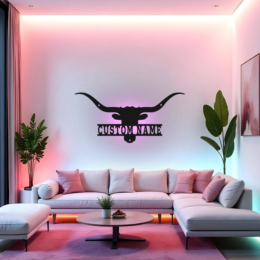 Custom Longhorn Sign LED Metal Wall Art, Personalized Cattle Ranch ...