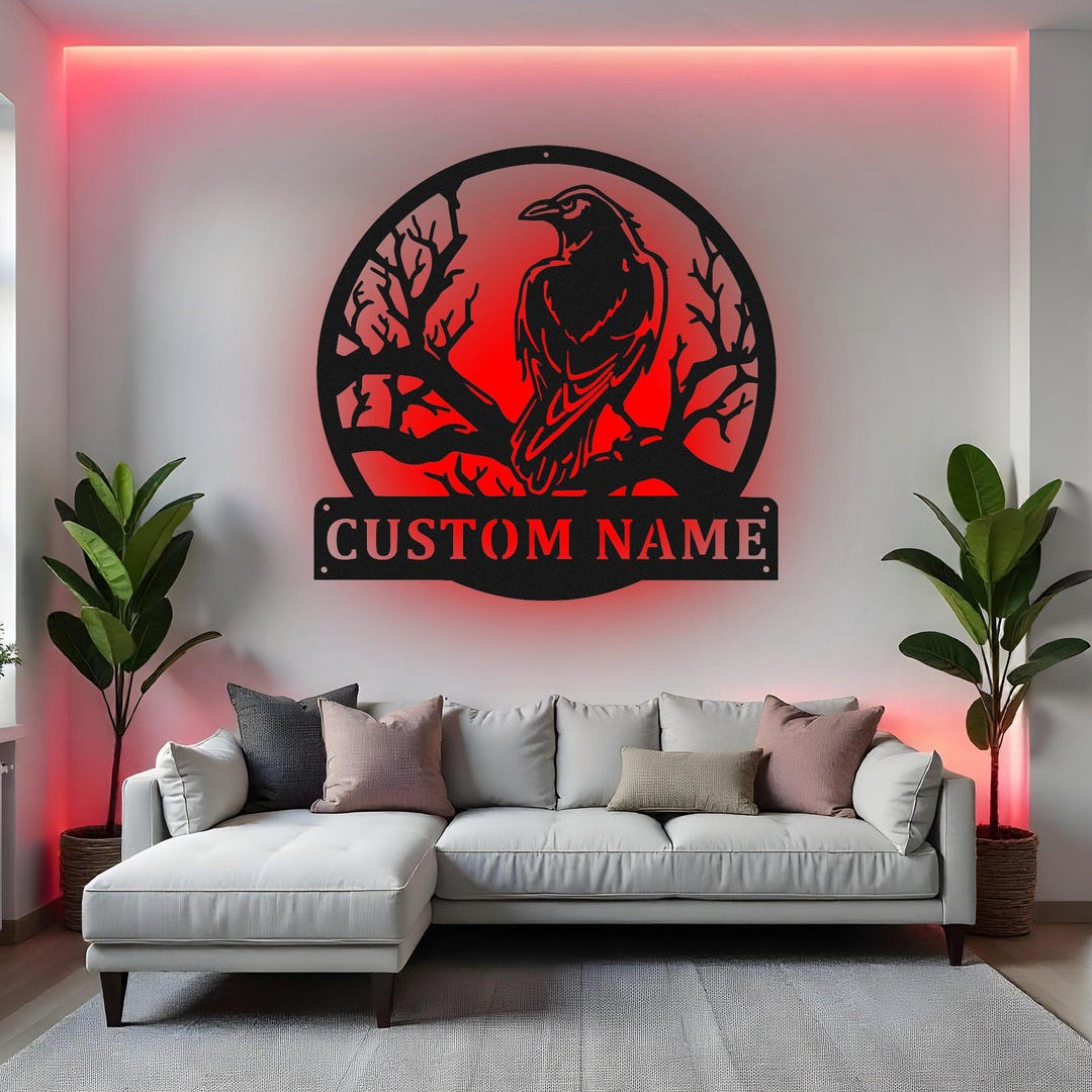 Custom Crow Sign LED Metal Wall Art, Personalized Bird Decor, Gothic ...