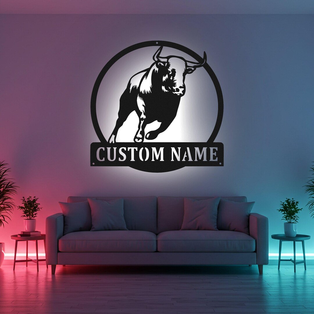Custom Bull Sign LED Metal Wall Art, Personalized Bull Name Decor ...