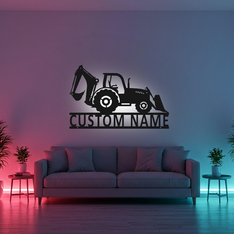 Custom Backhoe Truck Sign LED Metal Wall Art, Personalized Construction ...