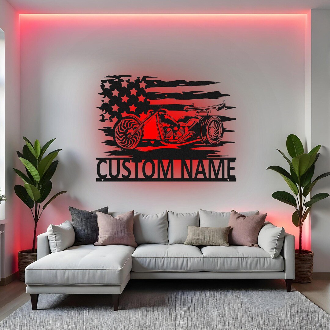 Custom Motorcycle Sign LED Metal Wall Art, Personalized Trike Biker ...