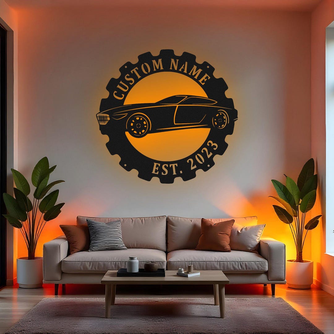 Custom Luxury Car Sign LED Metal Wall Art, Personalized Garage Decor ...