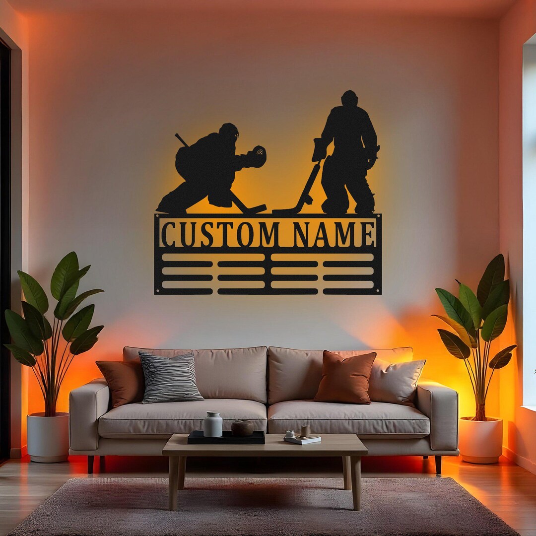 Custom Hockey Goalie Sign LED Metal Wall Art, Personalized Medal Holder ...
