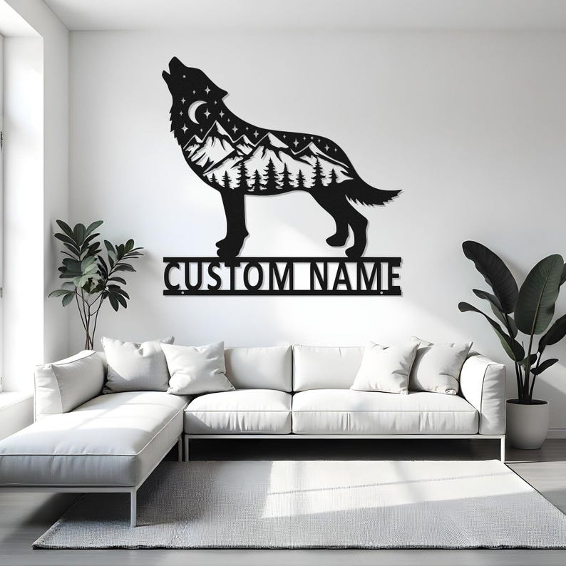 Custom Wolf Sign LED Metal Wall Art, Personalized Mountain Wolf Decor ...