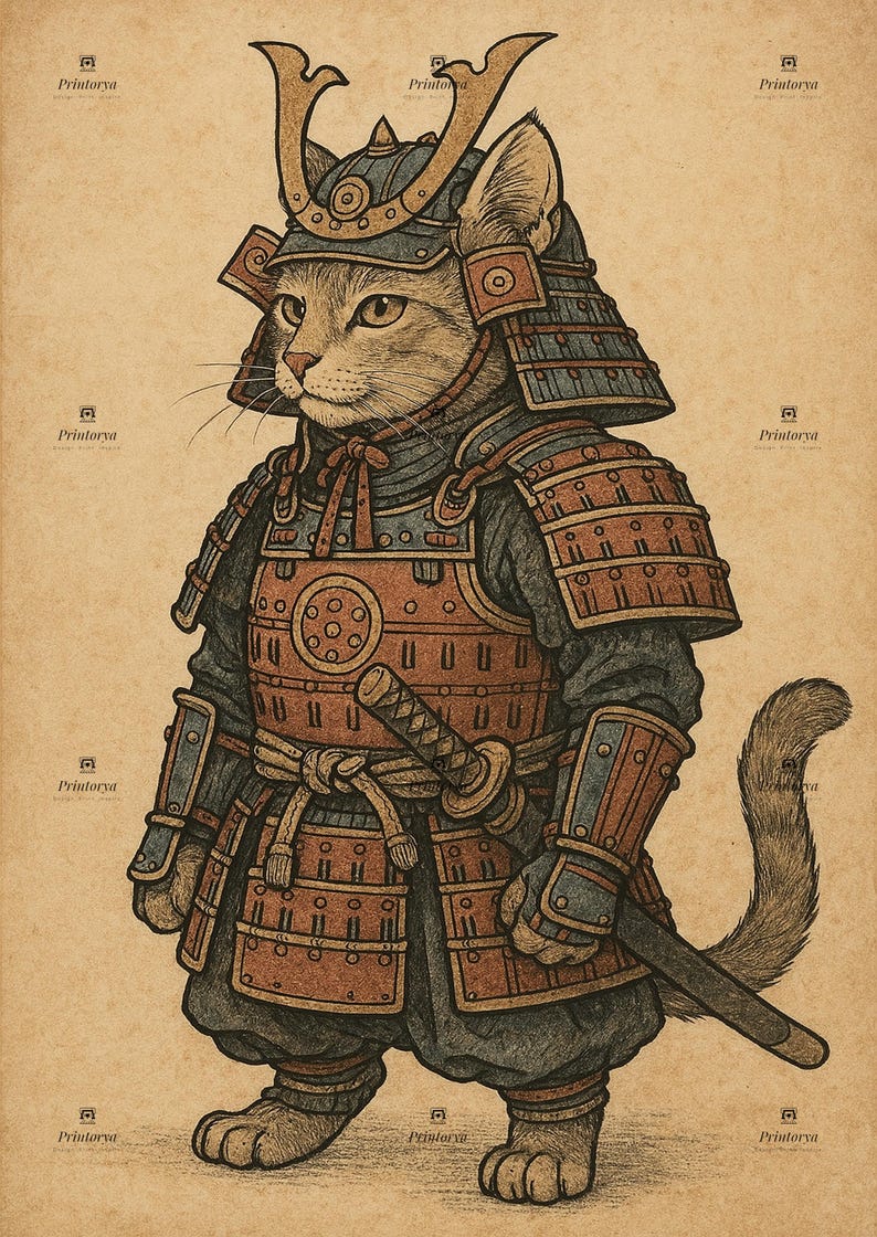 Samurai Cat Art Print: Japanese Warrior Decor - Etsy
