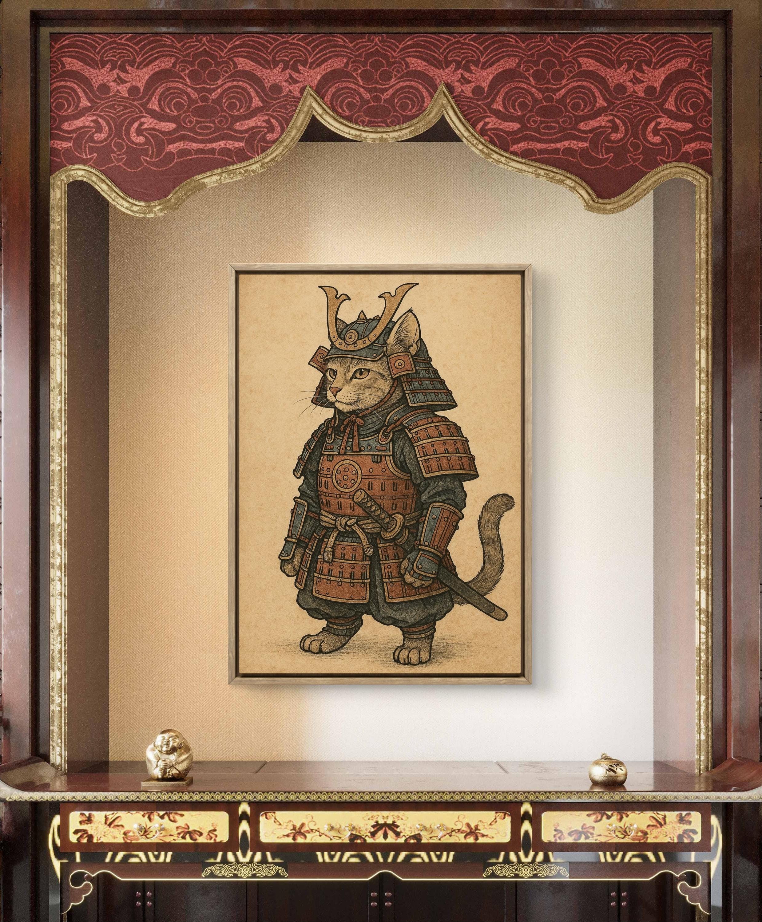 Samurai Cat Art Print: Japanese Warrior Decor - Etsy