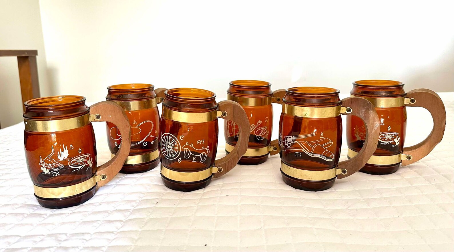 Vintage Siesta Ware Amber Glass Cowboy Mugs With Wood Handles, Set of 6 ...