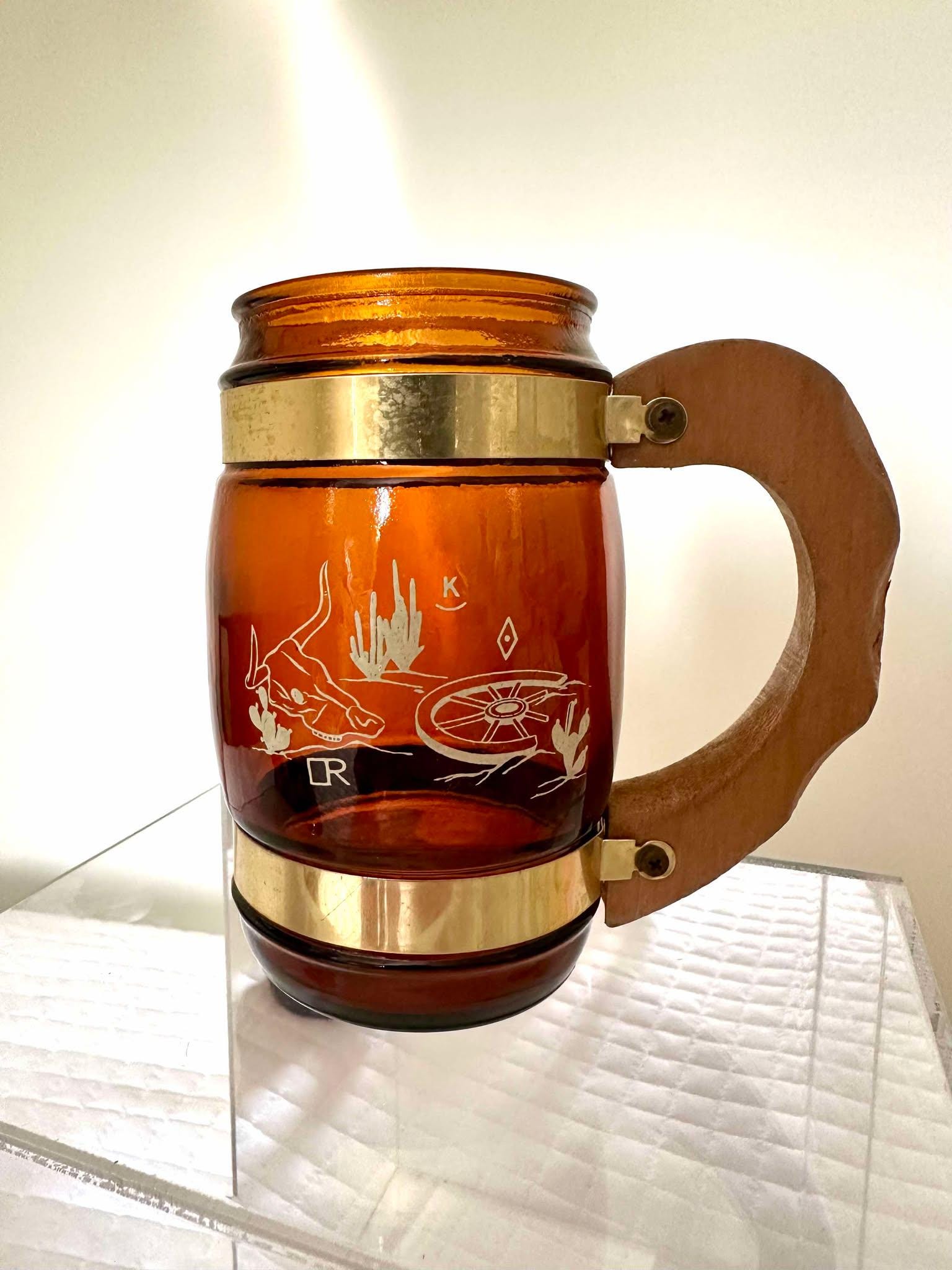 Vintage Siesta Ware Amber Glass Cowboy Mugs With Wood Handles, Set of 6 ...