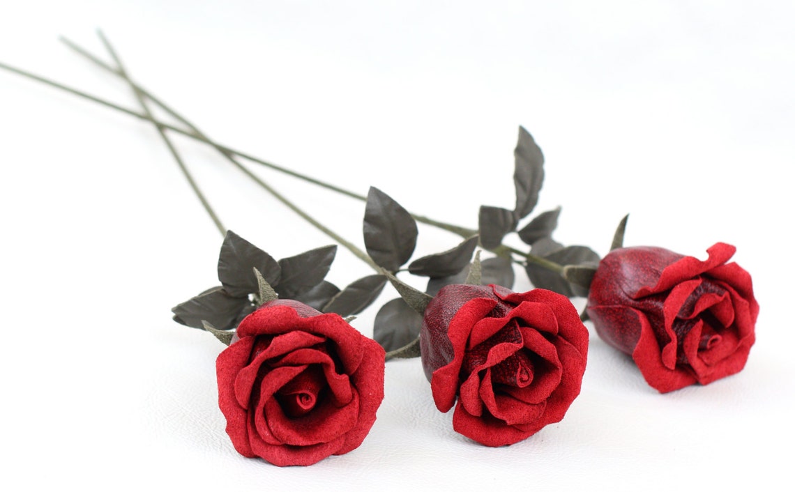 Dark Red Leather Roses Third Anniversary Wedding Gift Long | Etsy