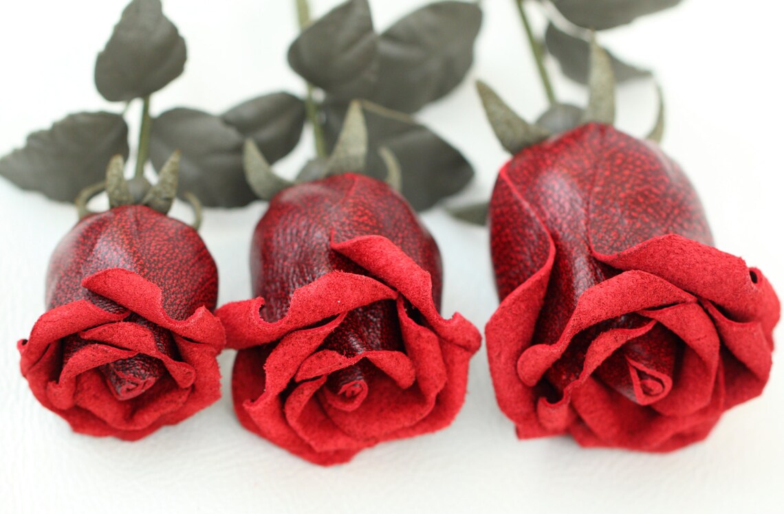 Dark Red Leather Roses Third Anniversary Wedding Gift Long | Etsy