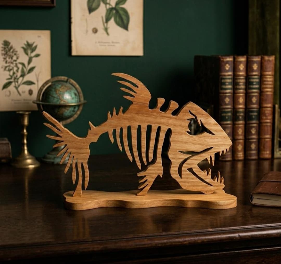 Wooden Fish Skeleton Sculpture, Handmade Rustic Fish Decor, Nautical ...