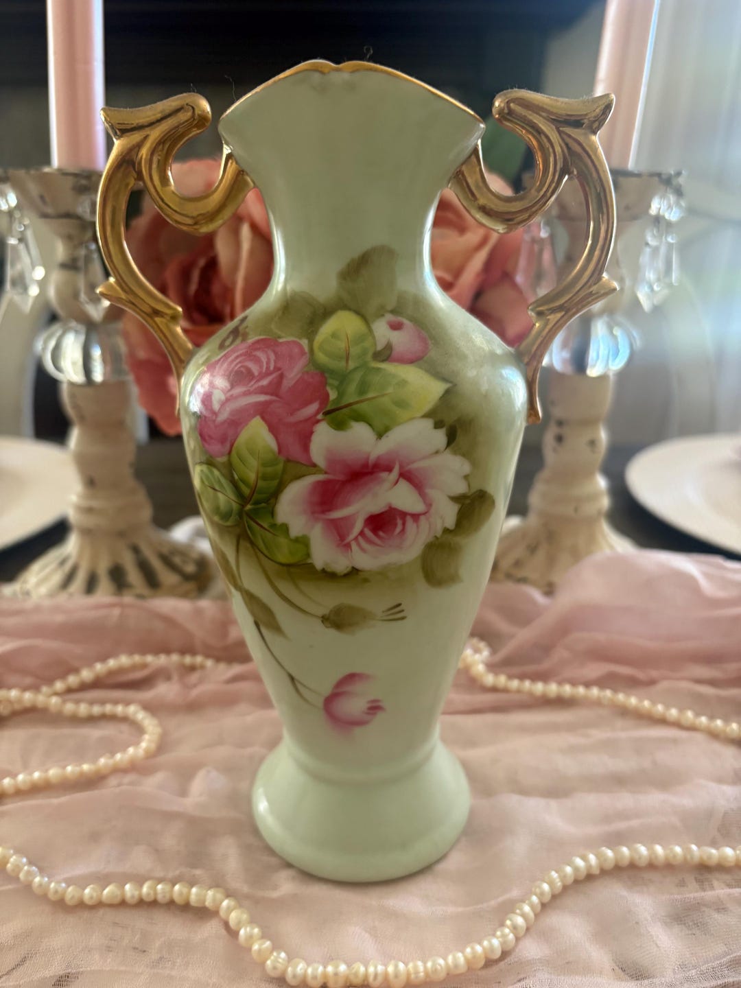 Vintage Lefton China Green Heritage Rose Hand-painted Two-handled Vase ...