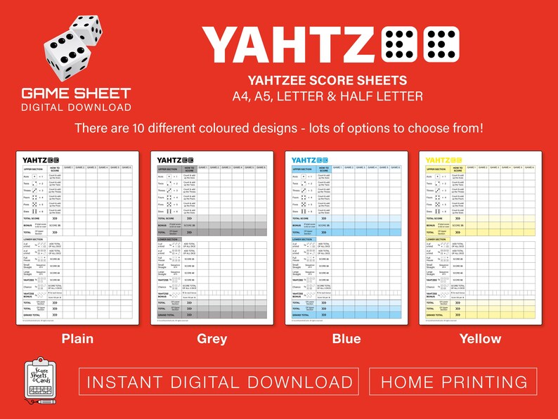 Yahtzee Printable Score Sheet - Dice Game. 10 Vibrant Colours. Instant Digital Download. PDF, A4 ...