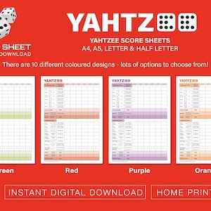 Yahtzee Printable Score Sheet - Dice Game. 10 Vibrant Colours. Instant ...