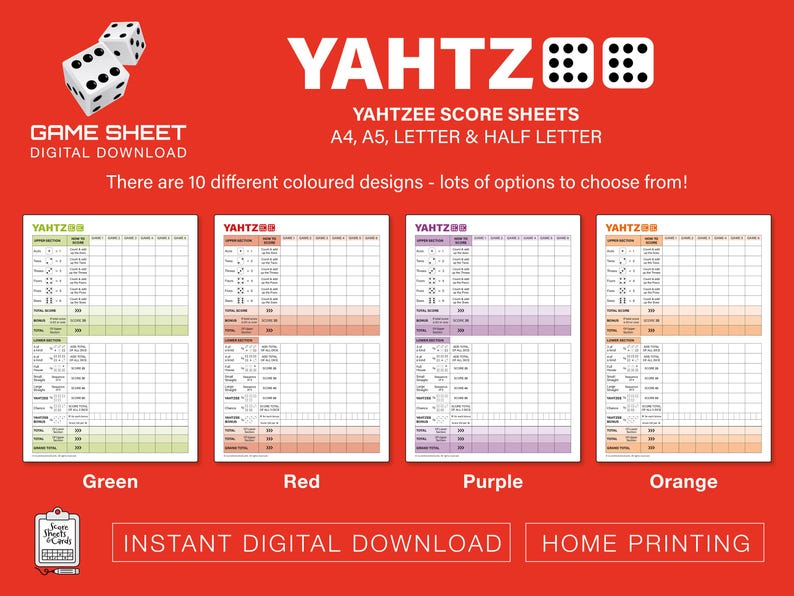 Yahtzee Printable Score Sheet - Dice Game. 10 Vibrant Colours. Instant ...