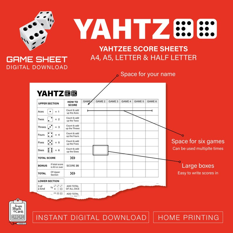 Yahtzee Printable Score Sheet - Dice Game. 10 Vibrant Colours. Instant ...