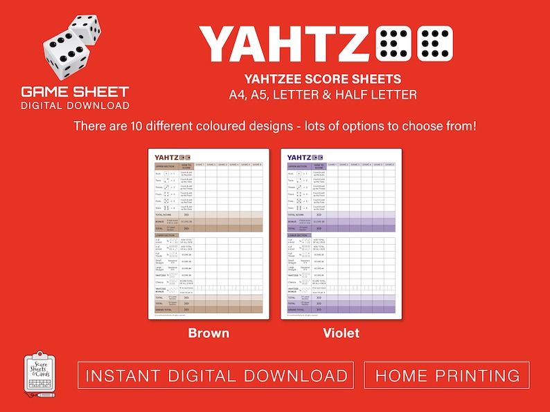 Yahtzee Printable Score Sheet - Dice Game. 10 Vibrant Colours. Instant ...