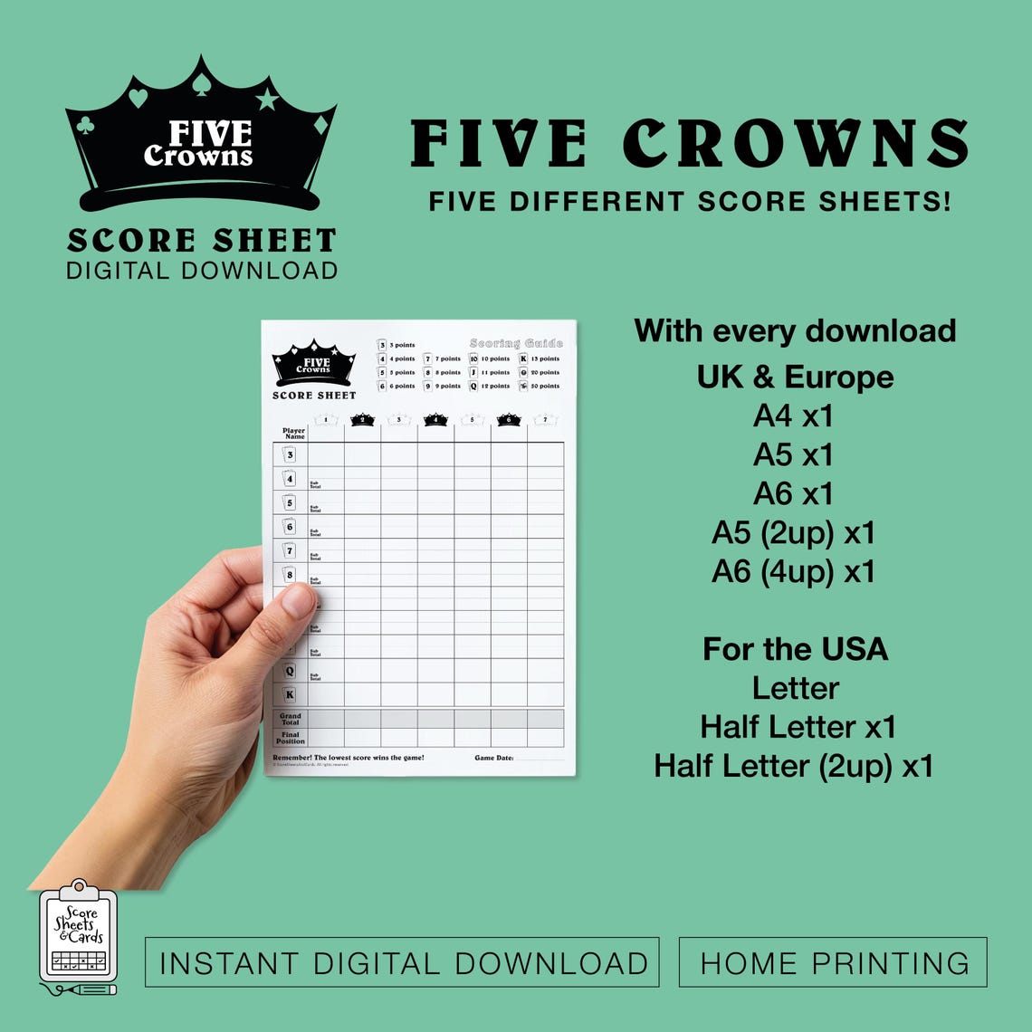 5 Crowns Score Sheet, Digital Instant Download, Printable Score Sheet ...