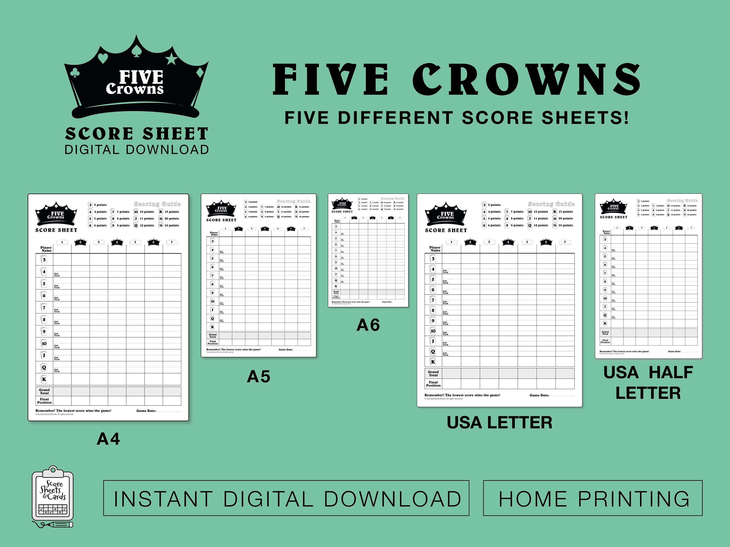 5 Crowns Score Sheet, Digital Instant Download, Printable Score Sheet ...