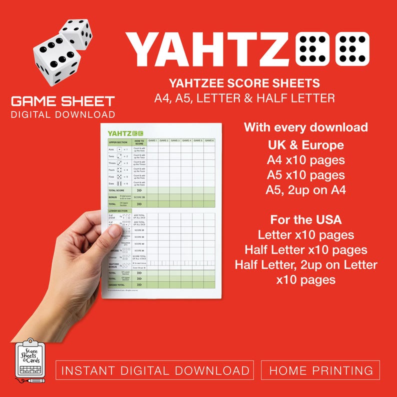 Yahtzee Printable Score Sheet - Dice Game. 10 Vibrant Colours. Instant ...