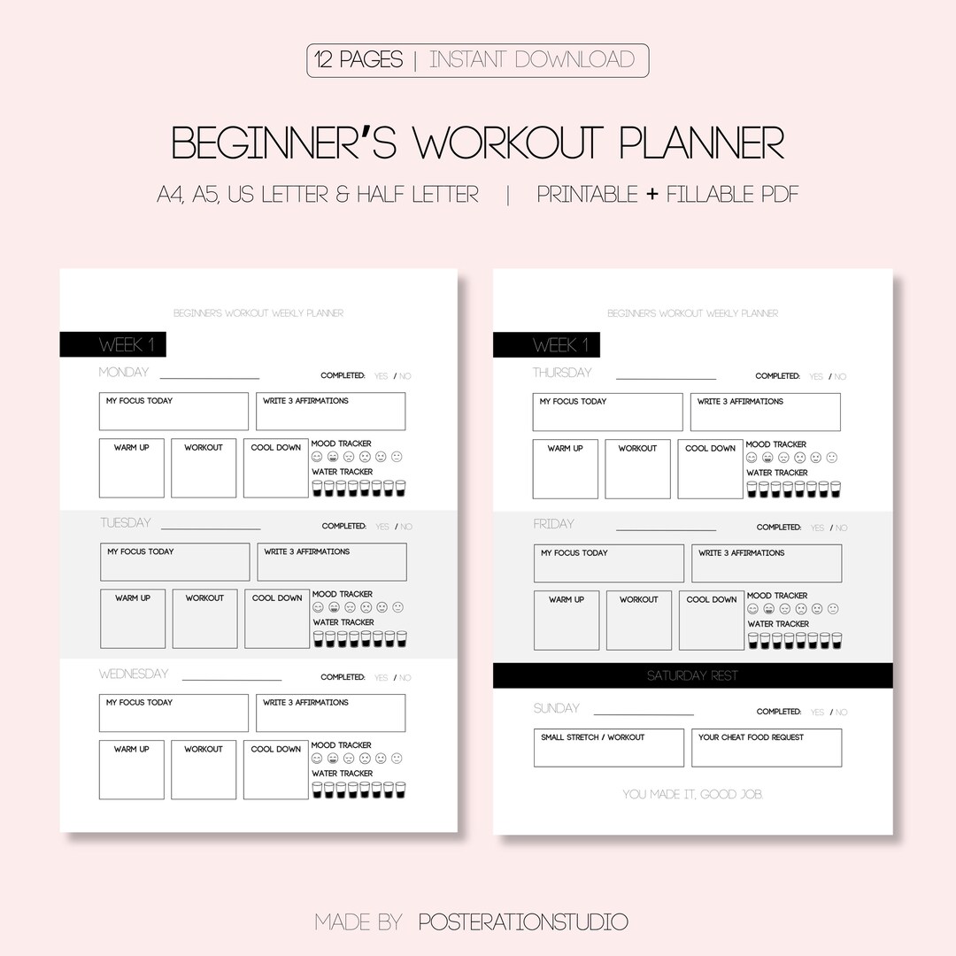 Printable Beginner's Workout Planner: Minimallist PDF, 4 Sizes ...