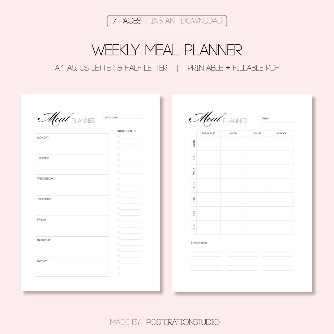 Printable Weekly Meal Planner 2026: Digital PDF Planner in 4 Sizes ...