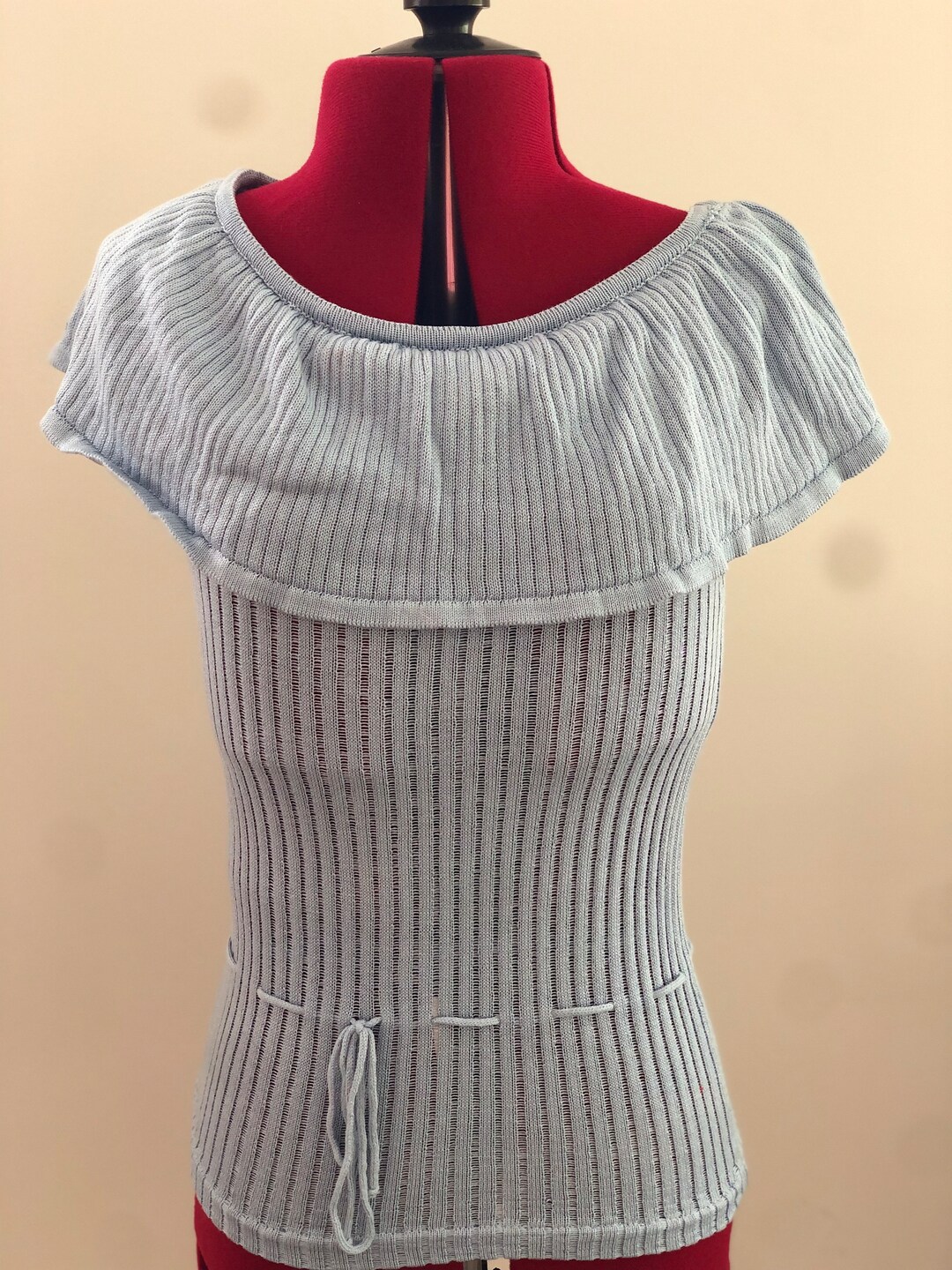 1970s Does 1940s Ice Blue Knit Top / Seventies off the Shoulder Sweater ...