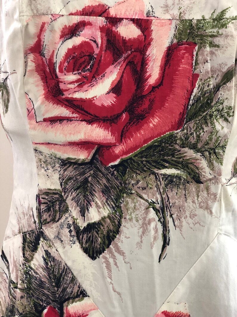1950s Red and Pink Rose Print Dress XS / Fifties Rose Print - Etsy