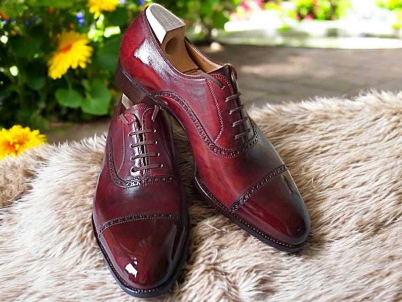 Bespoke Burgundy Calf Leather Oxford Shoes: Handcrafted Goodyear Welted ...
