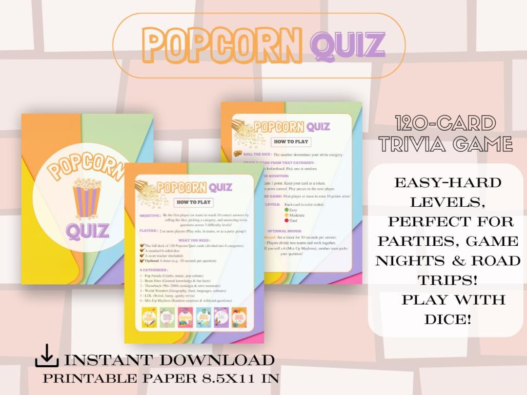 Popcorn Quiz | Printable Trivia Card Game | 120 Fun Questions | Party ...