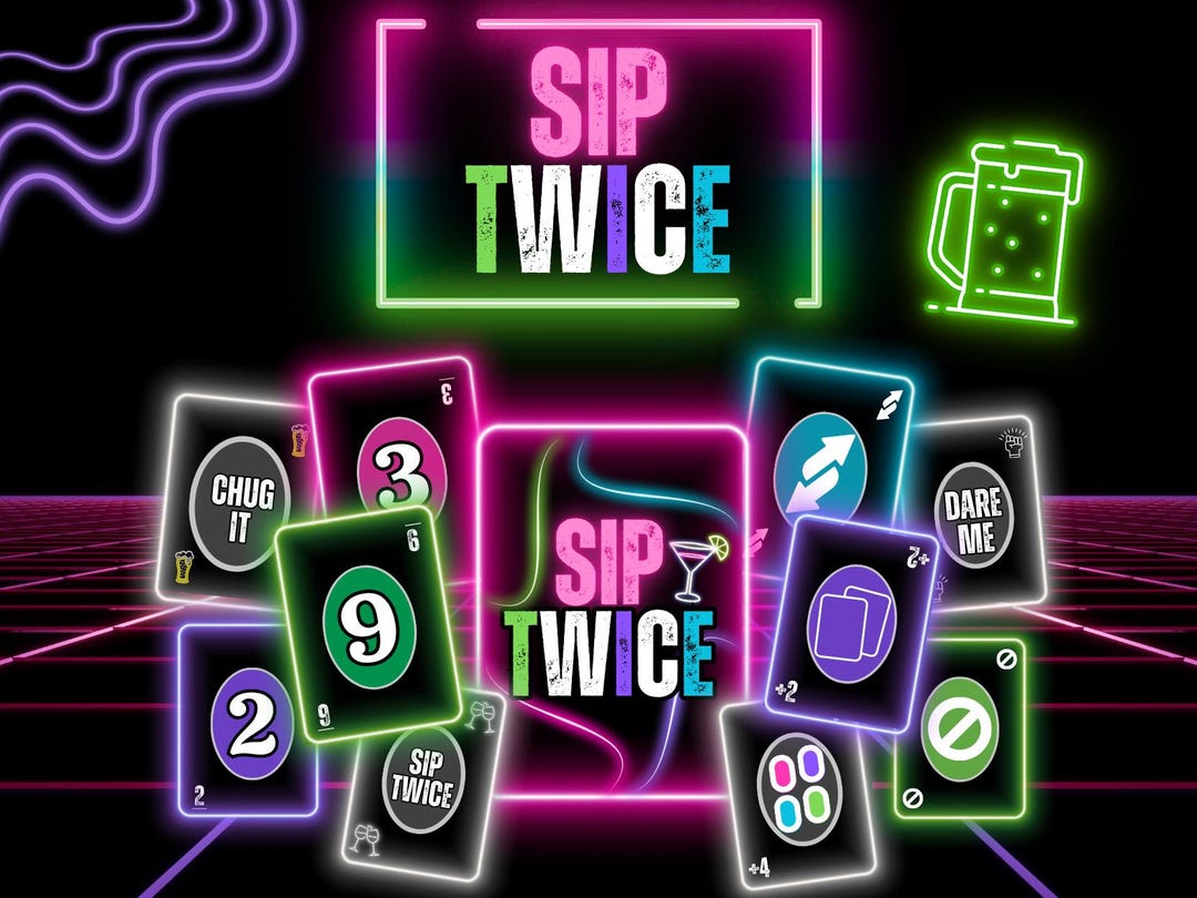 Sip Twice Drinking Card Game | Neon Party, Adult Game Night - Etsy