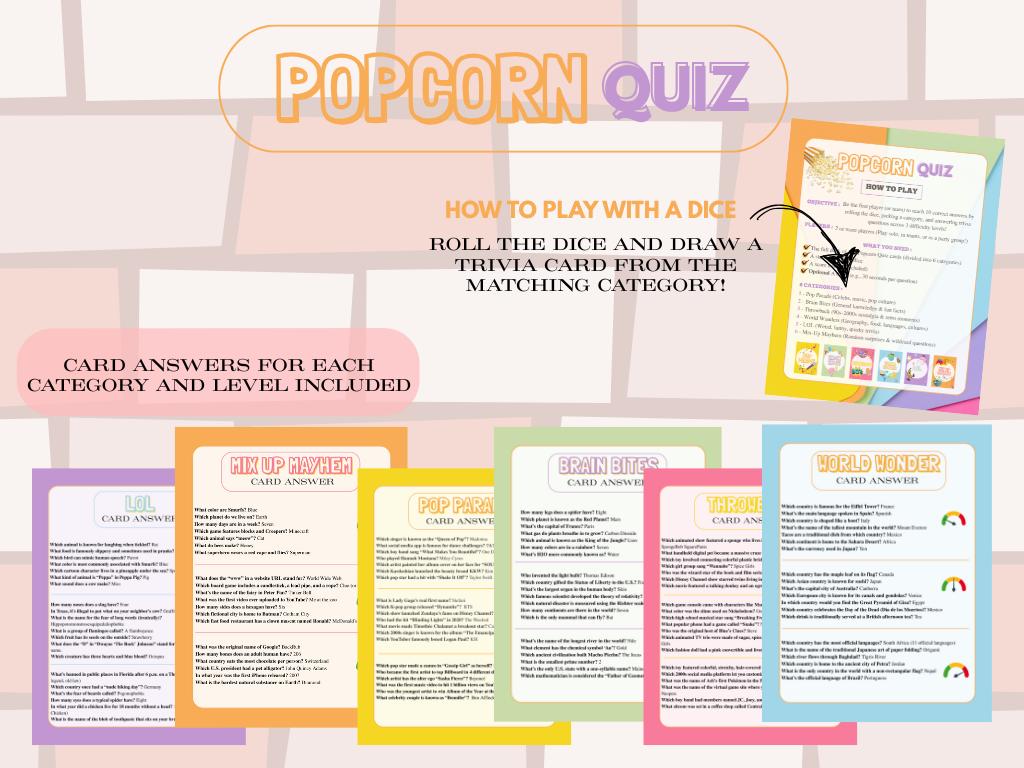 Popcorn Quiz | Fun Trivia Card Game, Family & Travel (instant Download ...