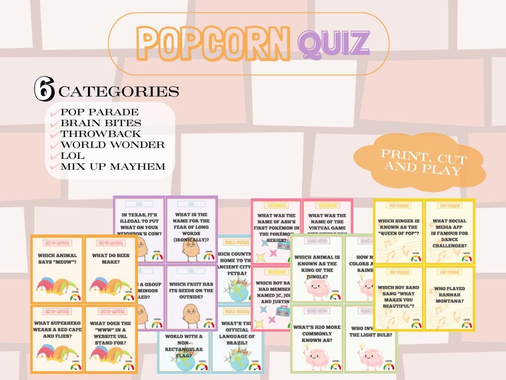 Popcorn Quiz | Printable Trivia Card Game | 120 Fun Questions | Party ...