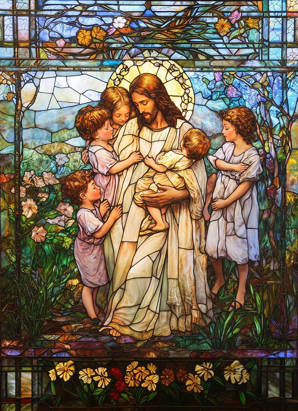 Jesus and the Children Stained Glass Digital Art - Religious Wall Decor ...