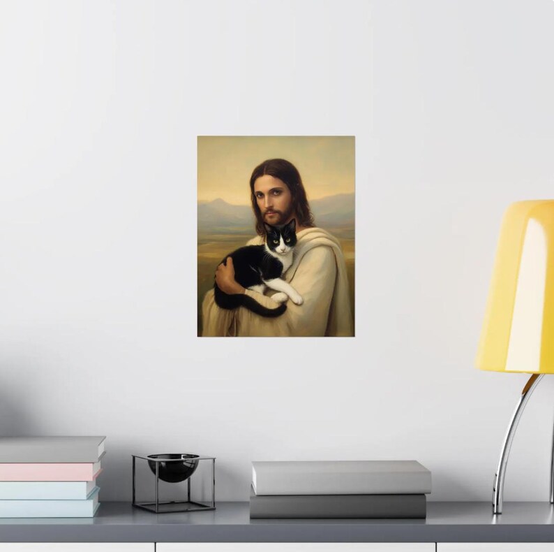 Jesus Holding a Cat, Jesus Art Print, Jesus Holding Cat, Christian Wall ...