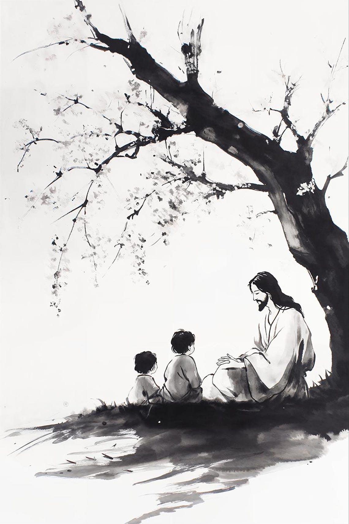 Jesus With Children Japanese Ink Digital Art - Asian Style Christian ...