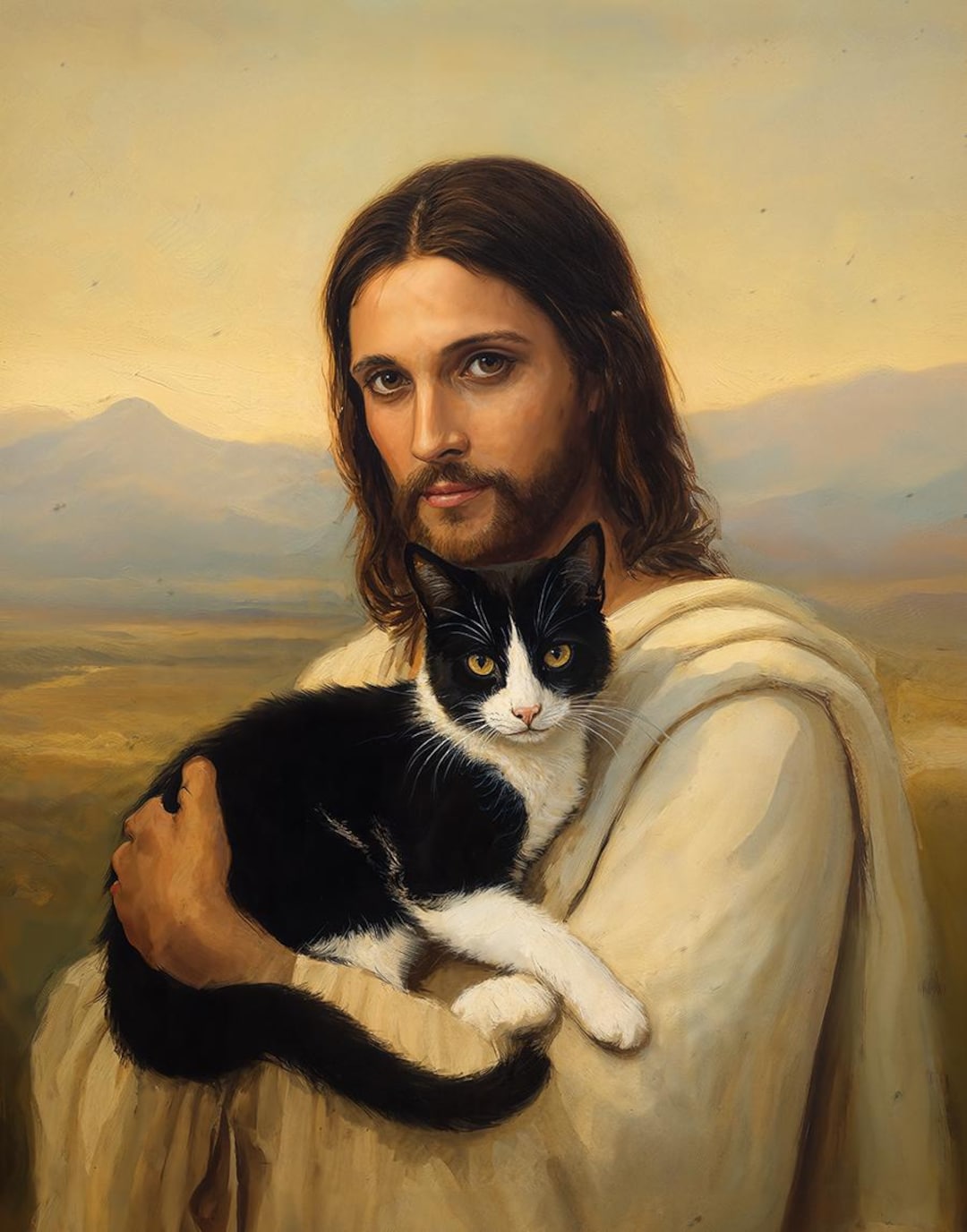 Jesus Holding a Cat, Jesus Art Print, Jesus Holding Cat, Christian Wall ...