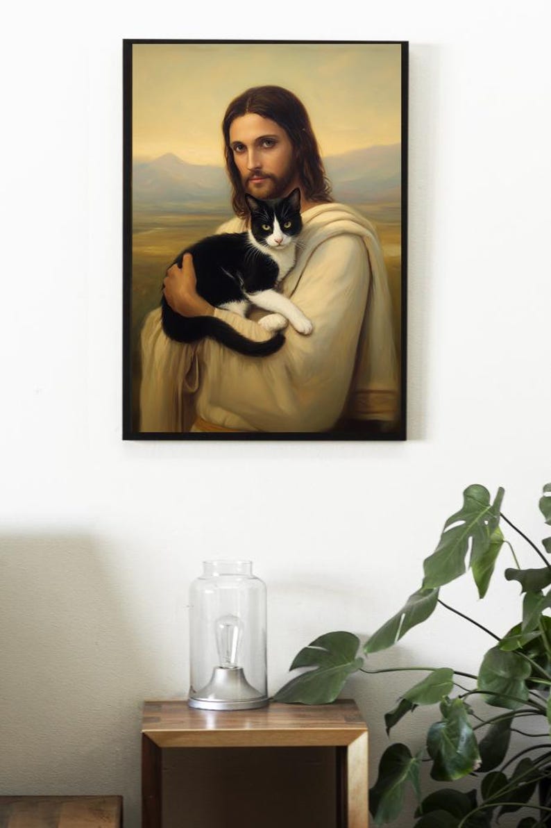Jesus Holding a Cat, Jesus Art Print, Jesus Holding Cat, Christian Wall ...