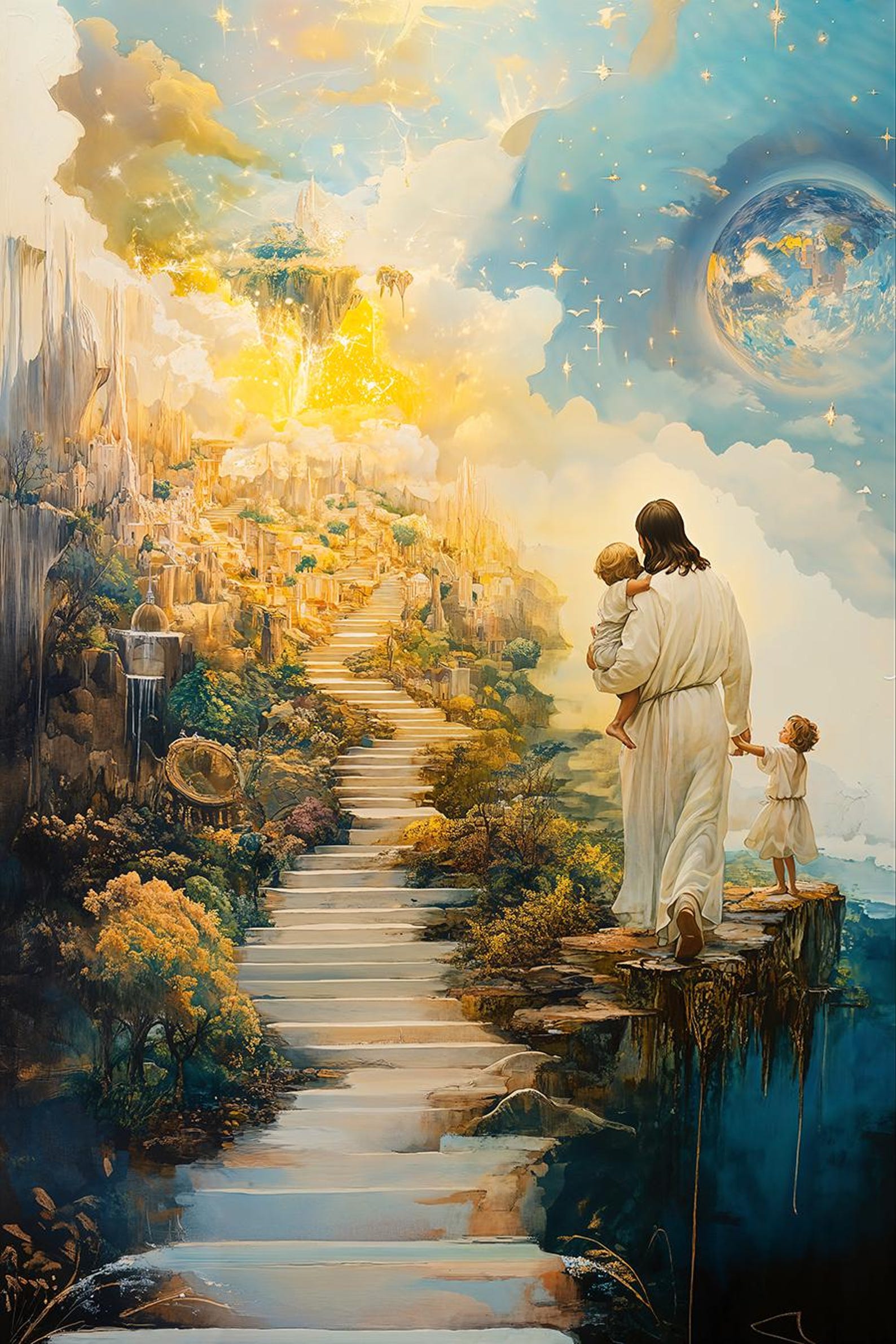Jesus and Children Stairway to Heaven Digital Art- Christian Wall Decor ...