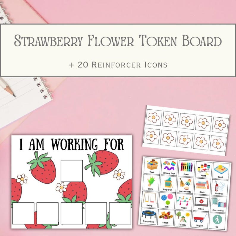 Editable Strawberry Flower Token Board + Reinforcer PECS Icons | Token ...