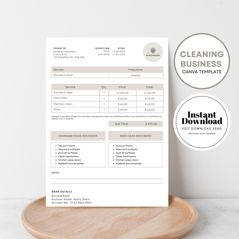 Cleaning Business Invoice Template Canva, Printable Billing Sheet ...